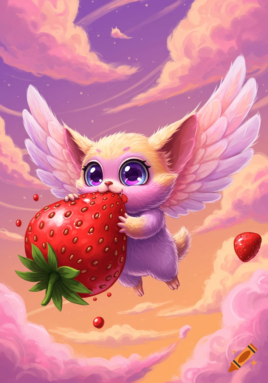 A cute winged creature holds a giant strawberry while flying through a ...