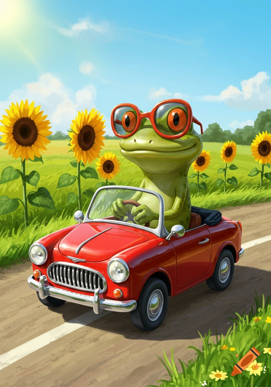 A cartoon frog wearing red sunglasses drives a red convertible car ...