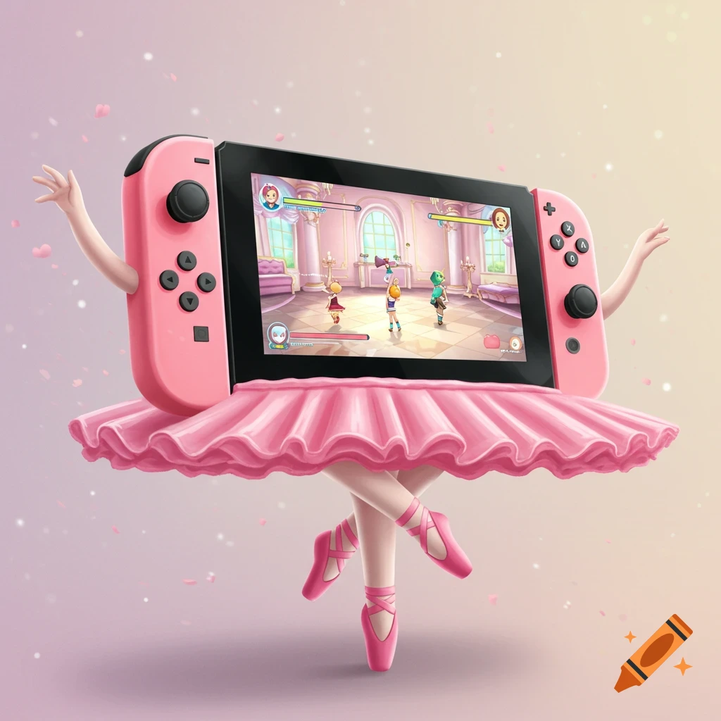 A pink Nintendo Switch with arms and legs wears a tutu and pointe shoes ...