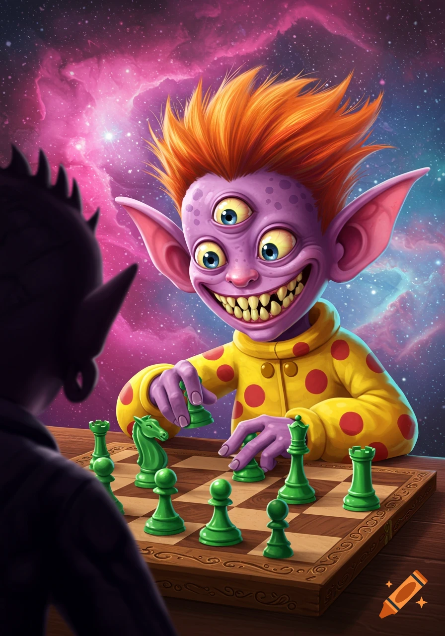 A goofy, three-eyed alien with orange hair plays chess against a ...