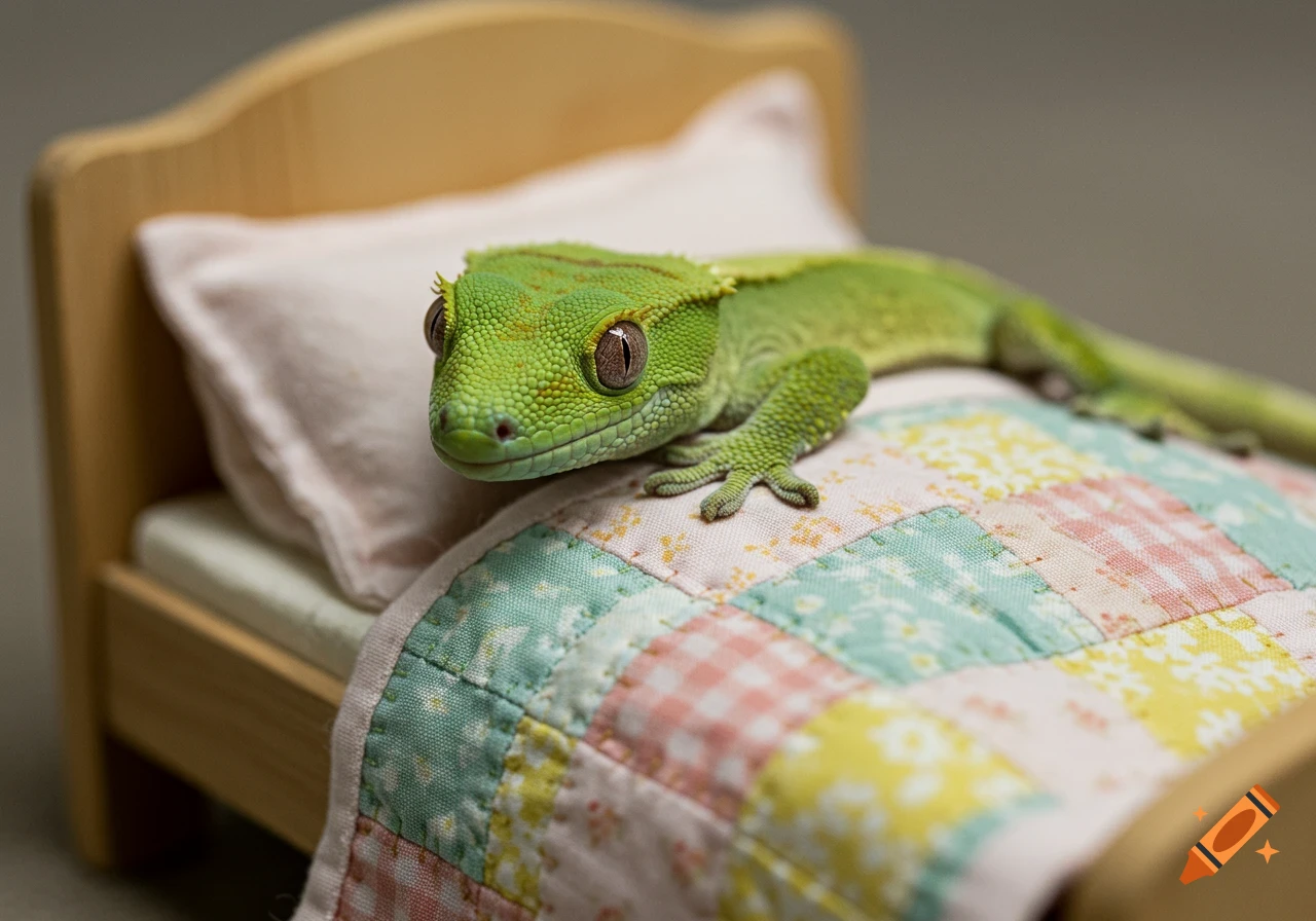 A crested gecko lies on a miniature bed with a patchwork quilt. on Craiyon
