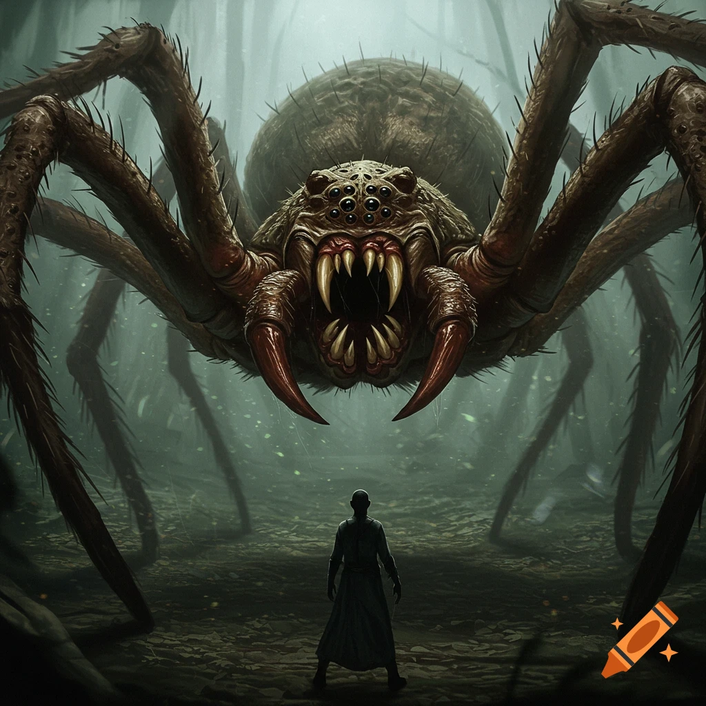 A massive monster spider with fangs looms over a person in a misty ...