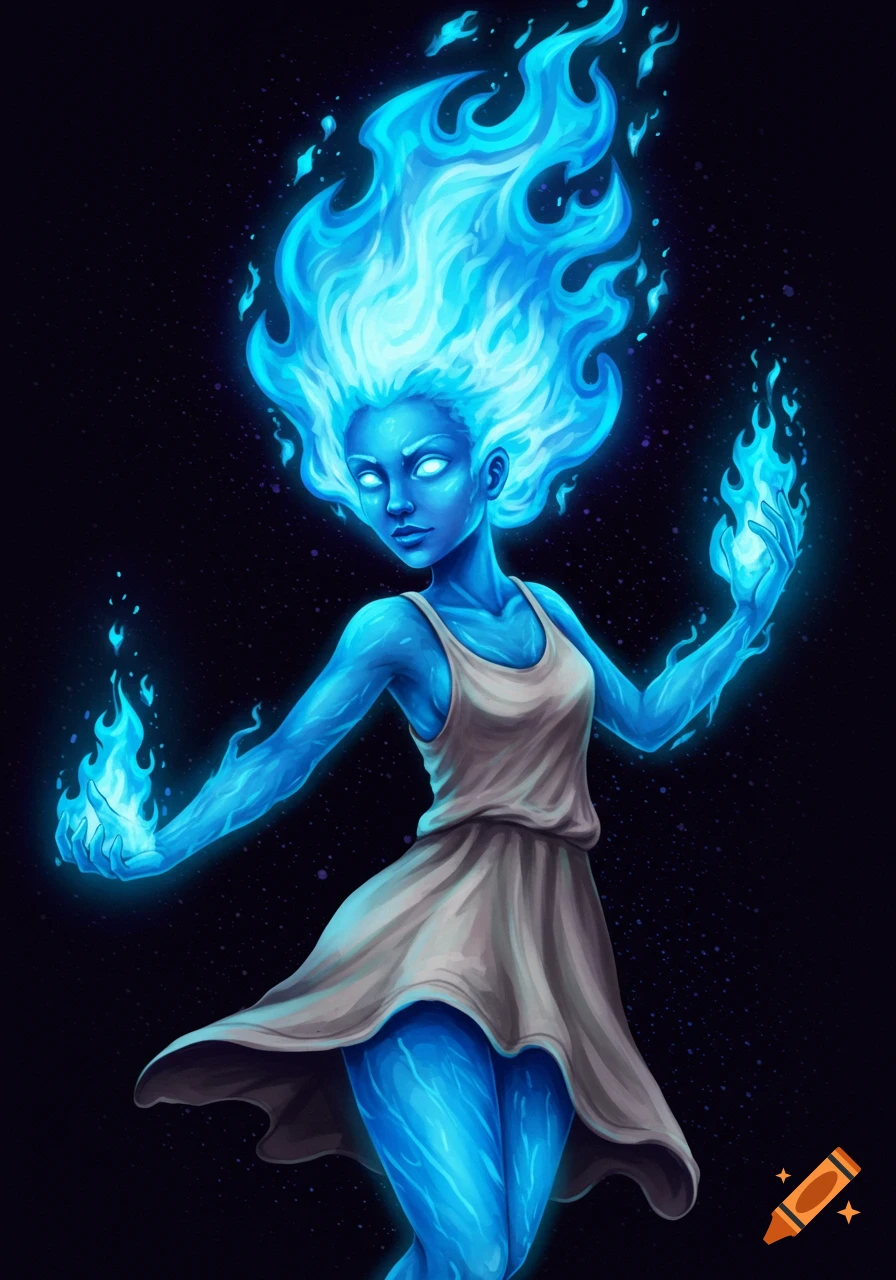 Stylized illustration of a female figure made of blue flame, holding ...