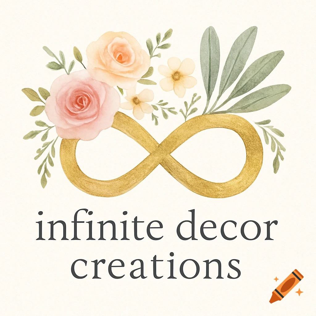 Watercolor logo with gold infinity symbol, pink and peach flowers, and ...