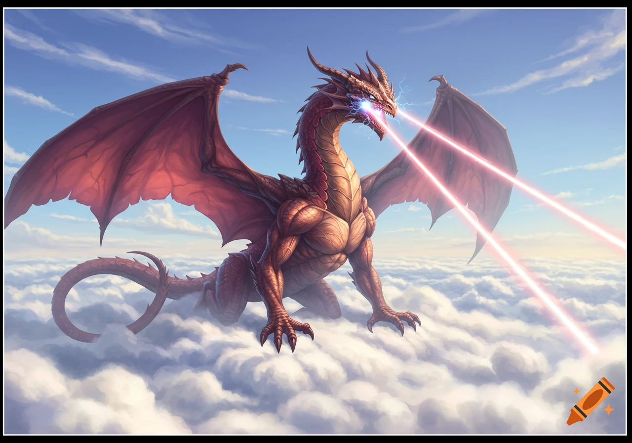 A muscular red dragon on clouds shoots red lasers from its eyes. on Craiyon