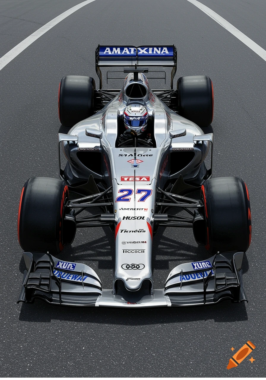 Overhead view of a silver F1 race car on a track. on Craiyon