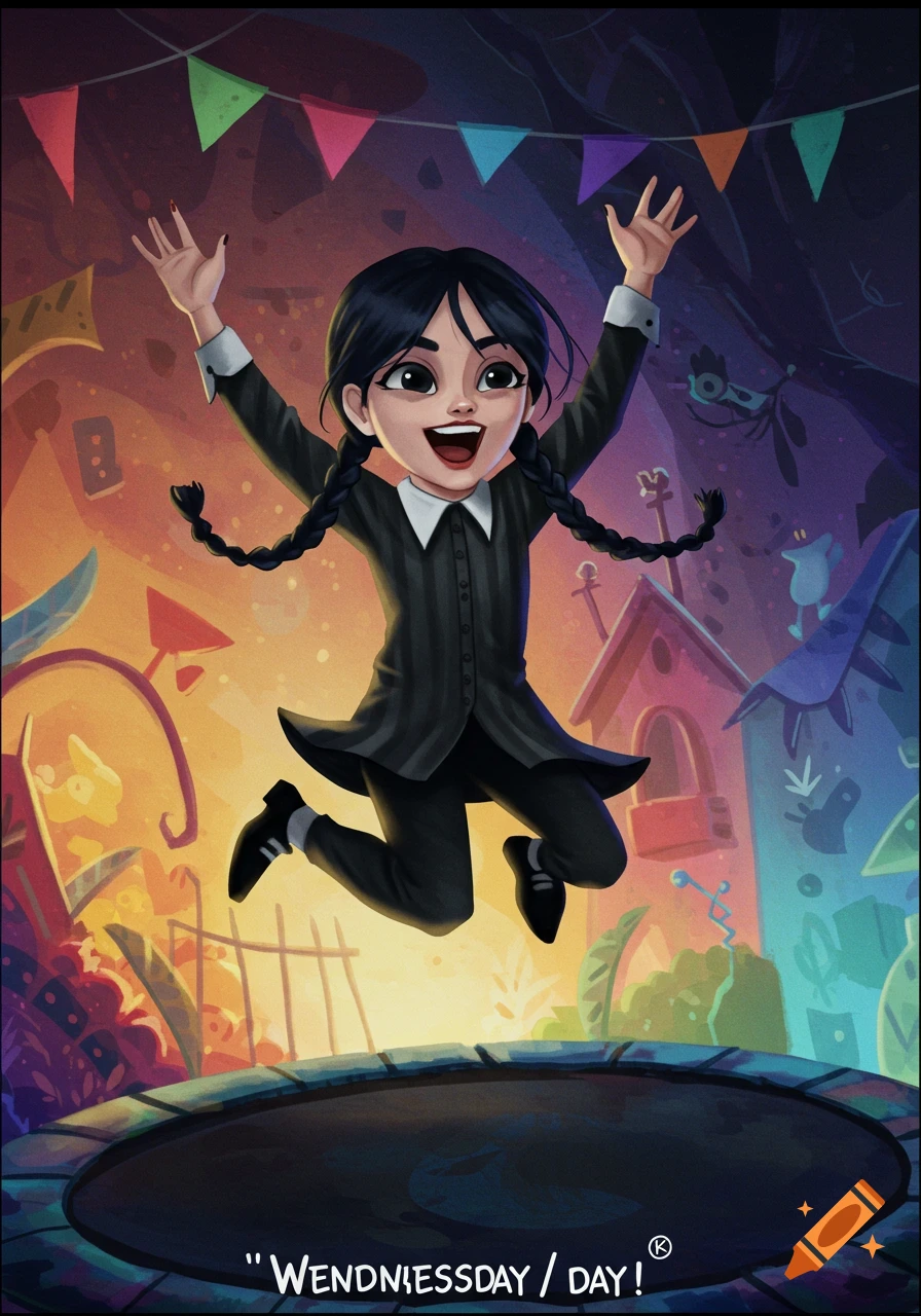 Stylized cartoon of a girl resembling Wednesday Addams jumping high on ...