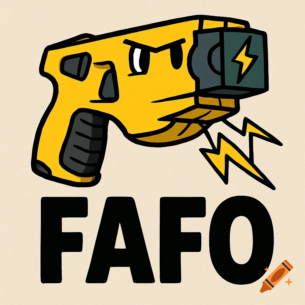 Cartoon taser with a face and lightning bolts above the text FAFO. on ...