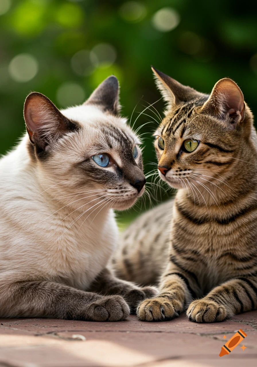 A Siamese cat with blue eyes sits beside a tabby cat with green eyes, looking at each other. on ...