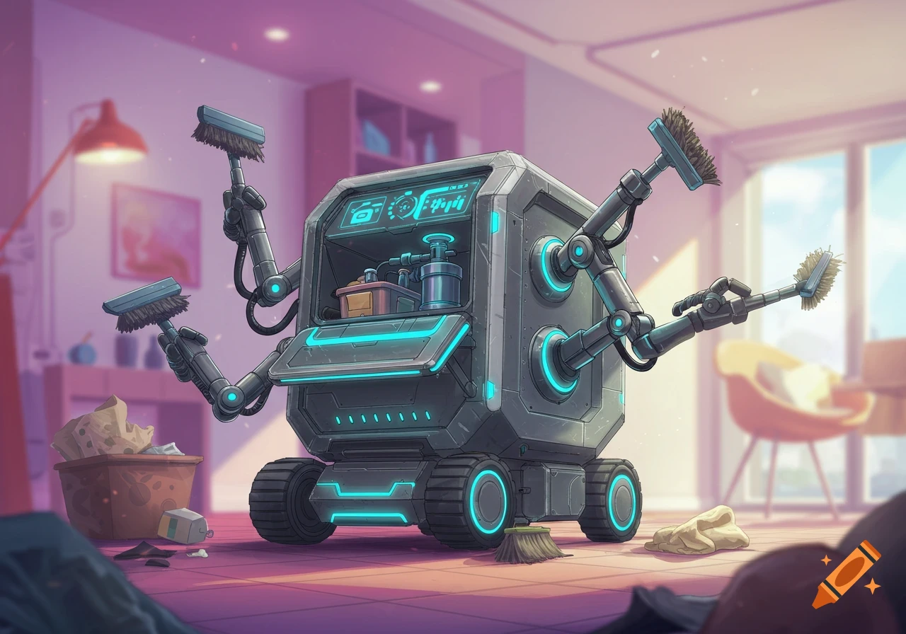 A futuristic robot with multiple brush-tipped arms stands in a messy ...
