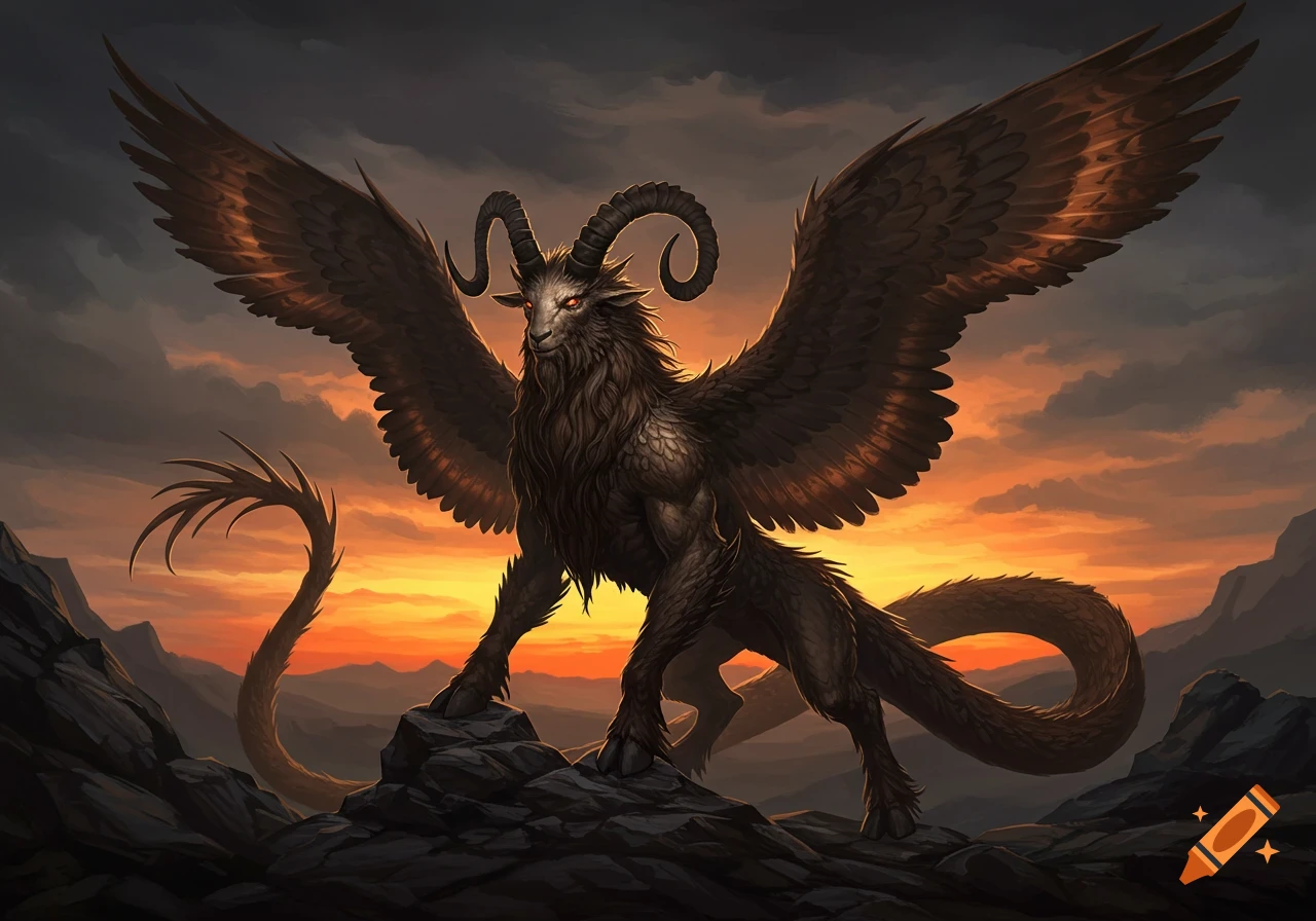 Mythical creature with goat head, bird wings, snake tail on rocks at ...