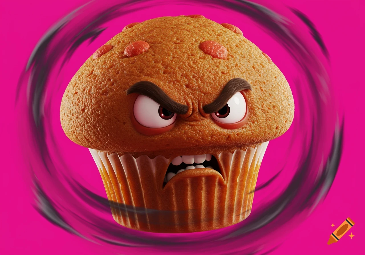 An angry cartoon muffin with big eyebrows and teeth on a pink ...