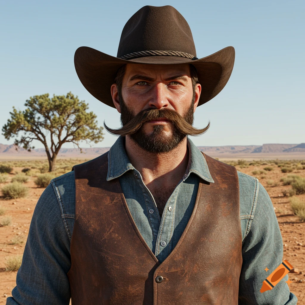 Photorealistic portrait of a cowboy with a handlebar mustache and beard ...