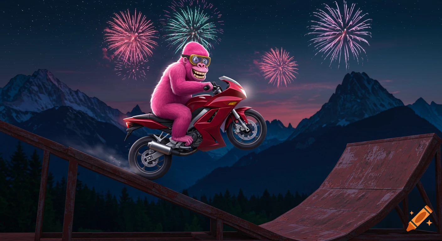 Pink cartoon gorilla rides a red motorcycle over a ramp at night with ...
