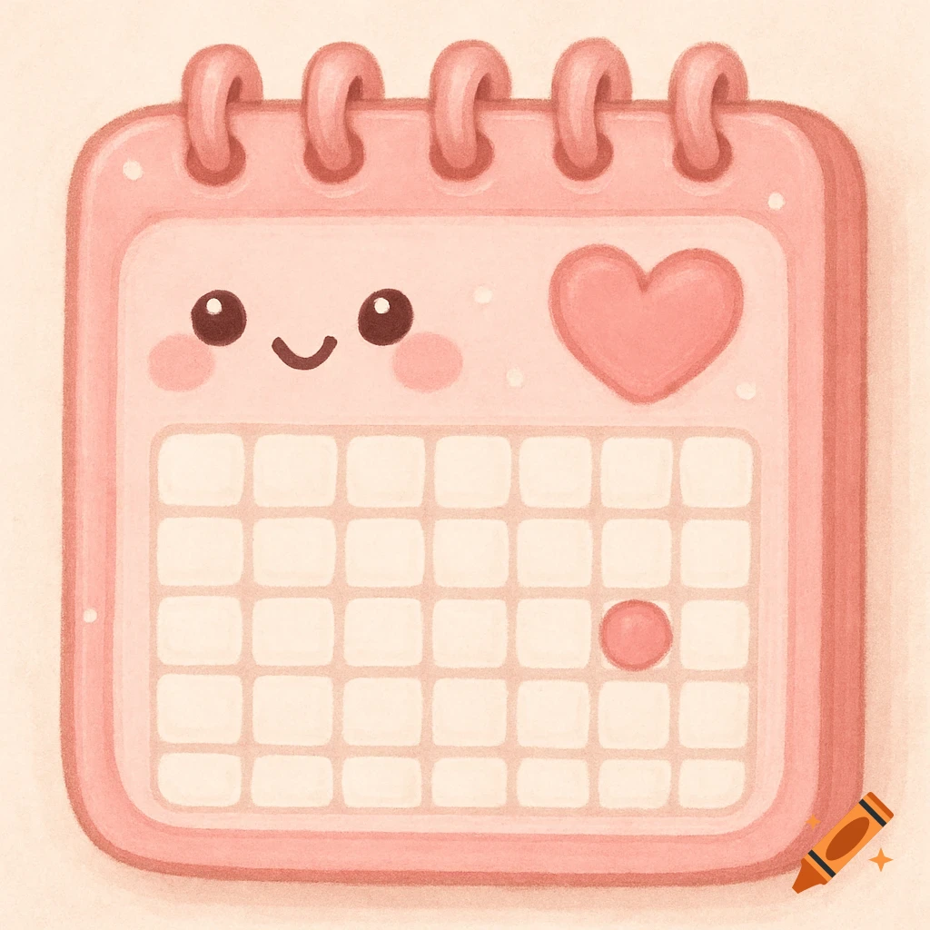 Cute pink cartoon calendar with a smiling face, heart, and a marked day ...