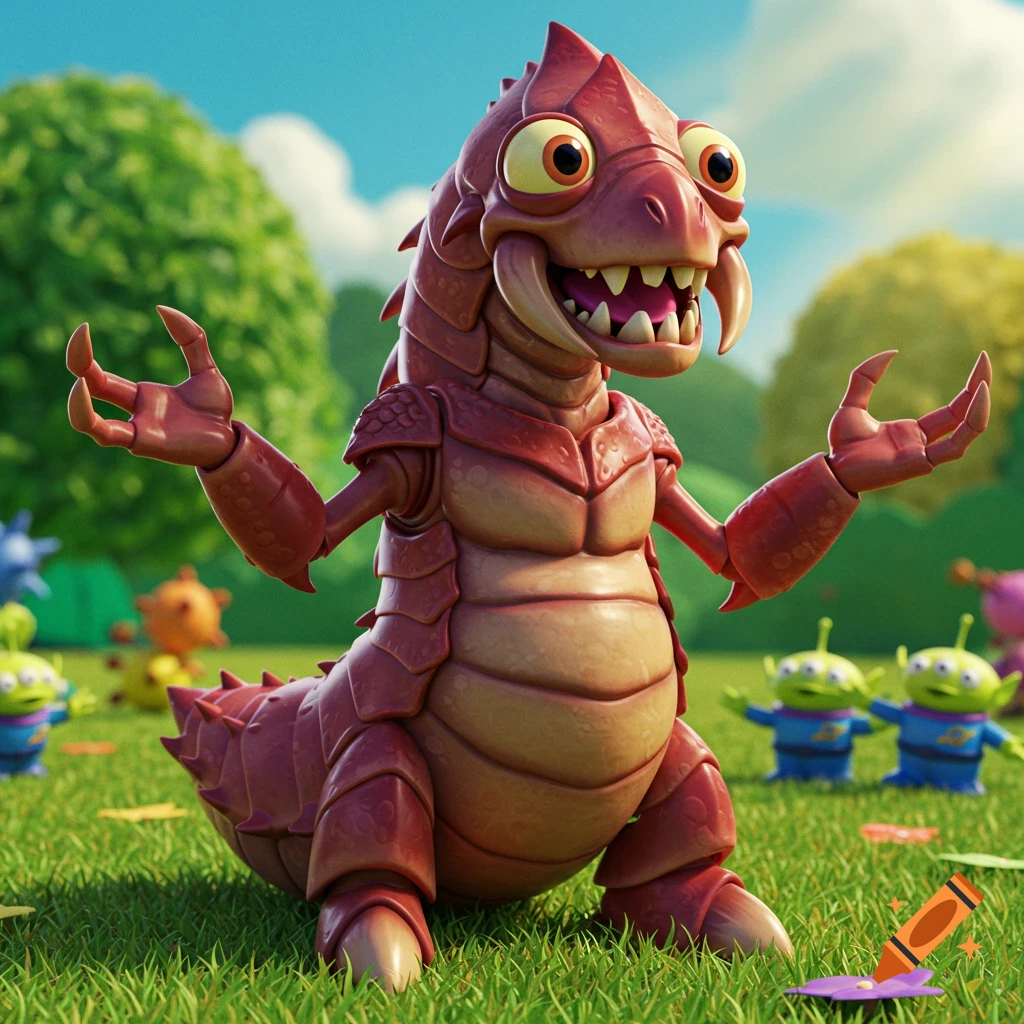 A cartoon red monster with big eyes and sharp teeth stands in a grassy ...