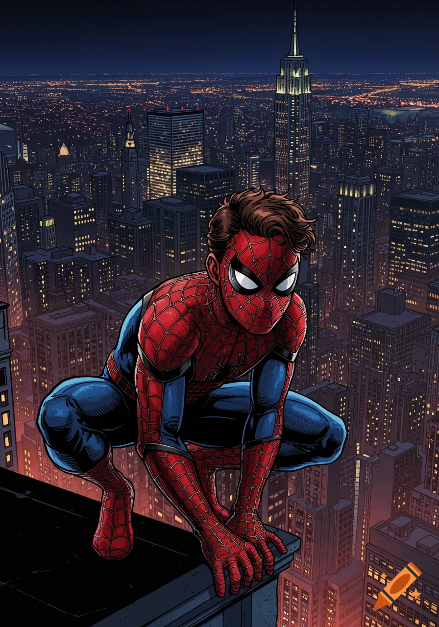 Spider-Man crouches on a rooftop overlooking a city skyline at night in ...