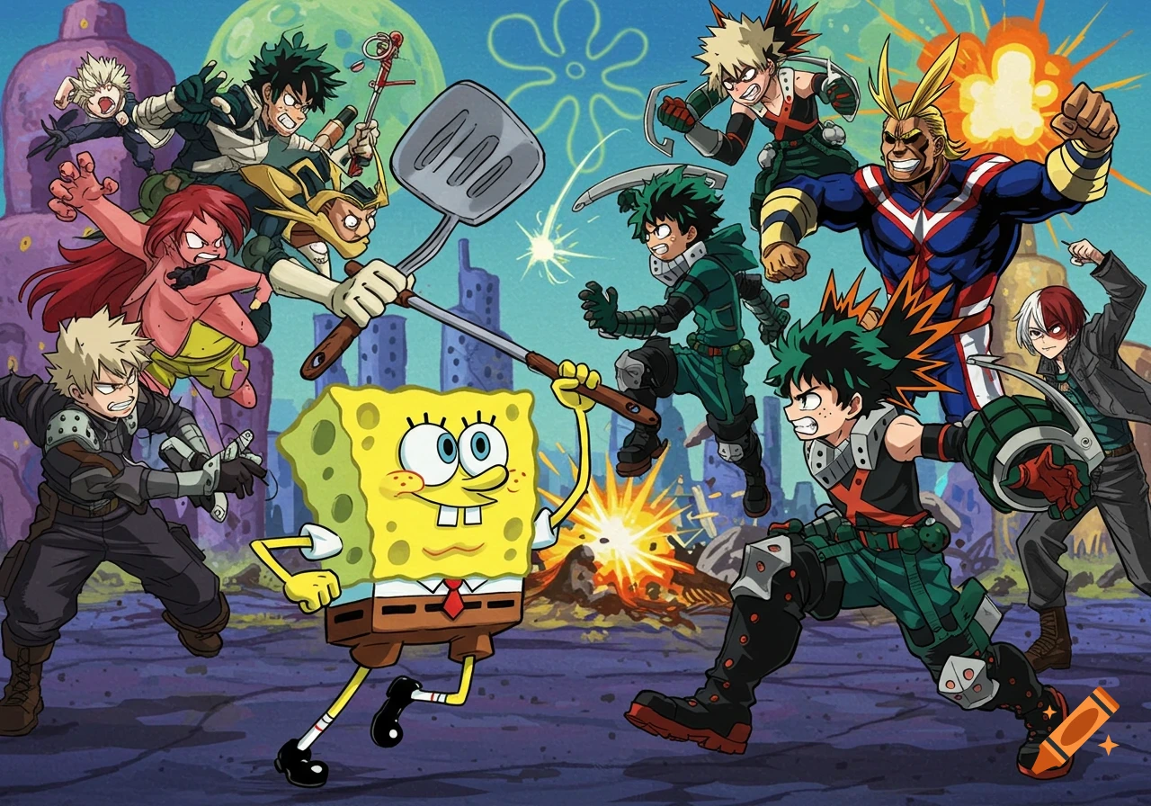 Spongebob battles My Hero Academia characters in a dynamic anime ...