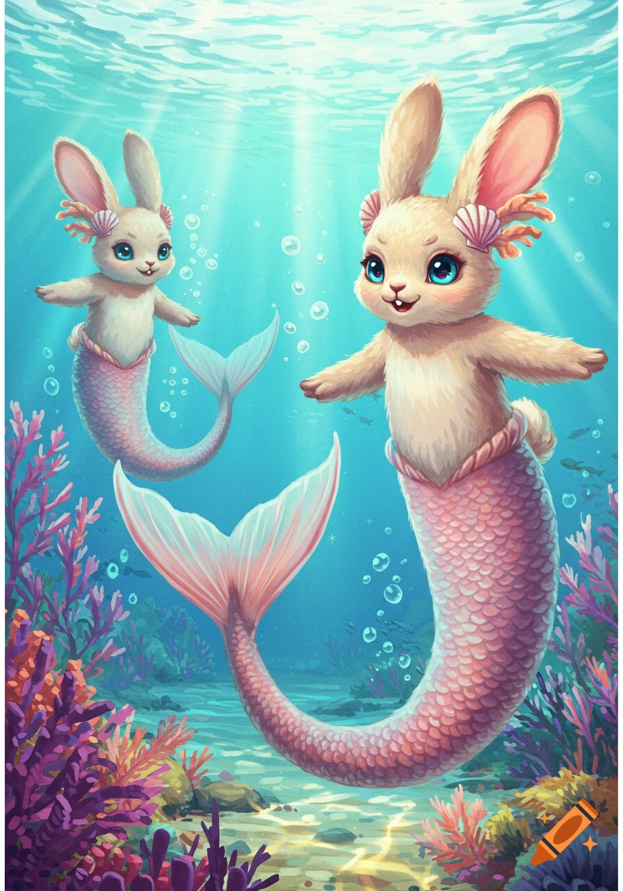 Two cute bunny mermaids swim underwater with coral. on Craiyon