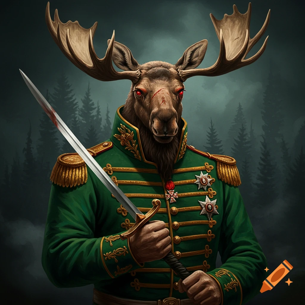 A moose in a green military uniform with red eyes and a scar holds a ...