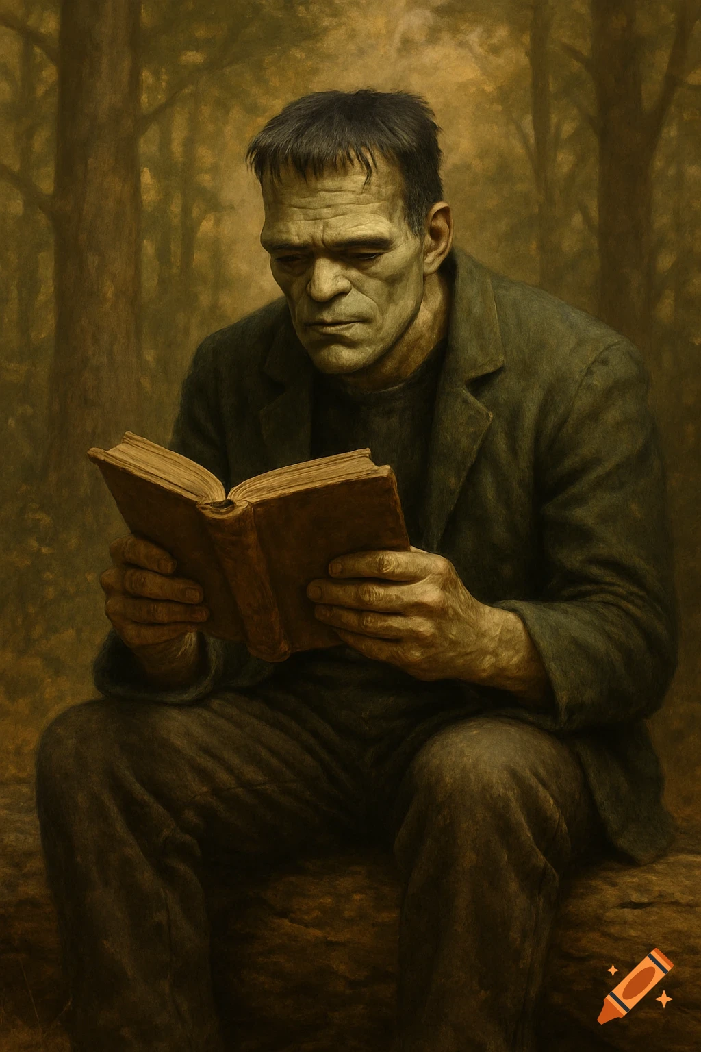 A dark, painterly portrait of Frankenstein's monster sitting on a log ...
