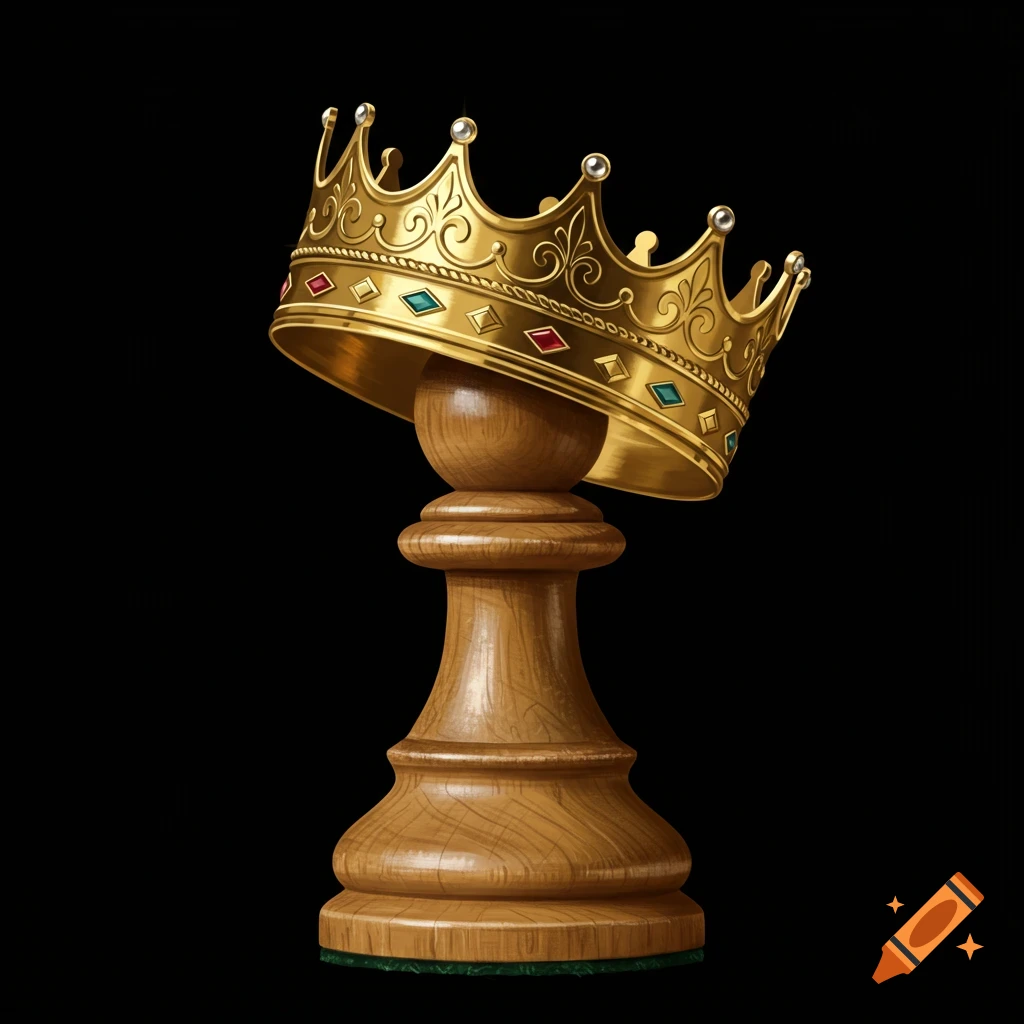 A golden crown sits tilted on a wooden chess pawn against a black ...