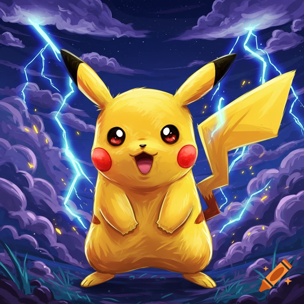 Illustration of Pikachu with lightning bolts in a stormy night sky. on Craiyon