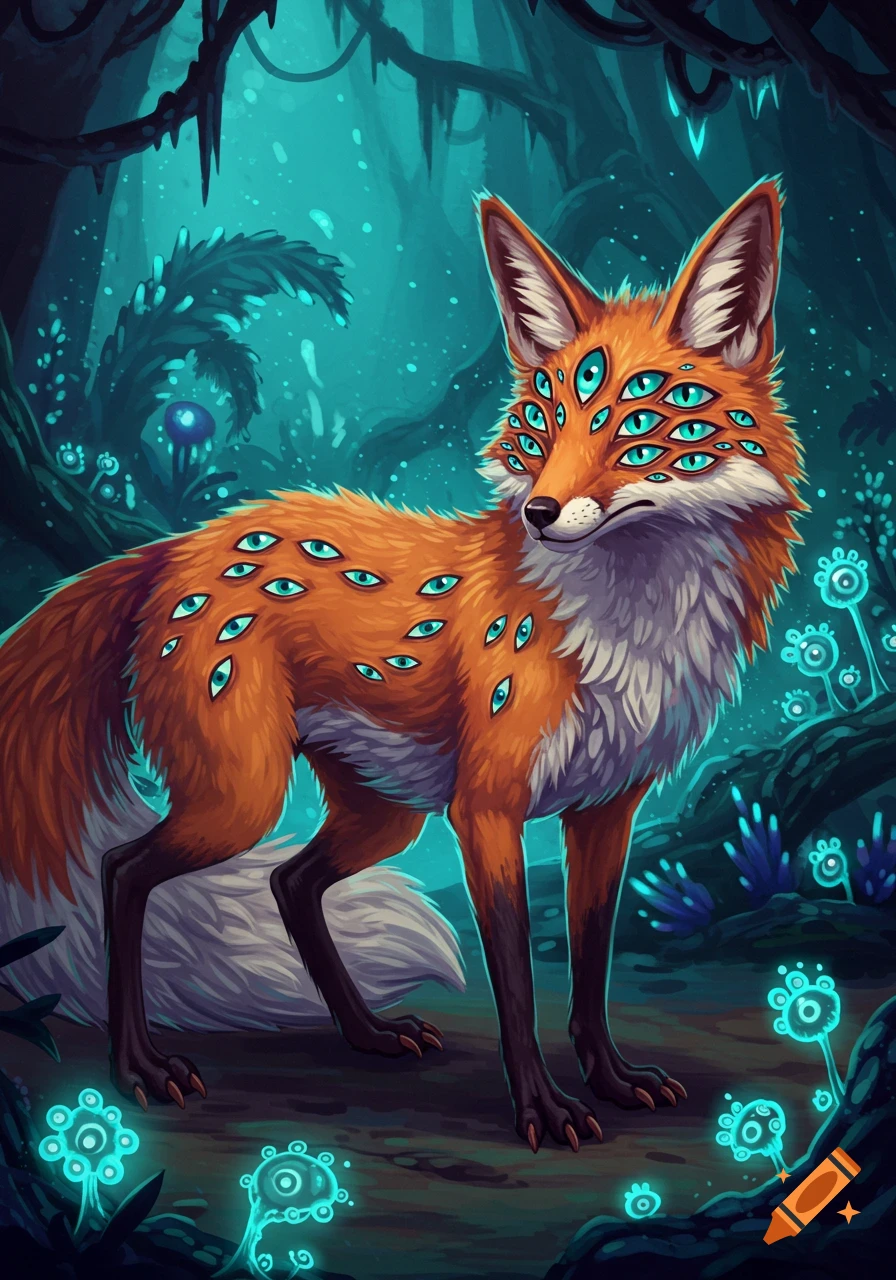 A fantasy illustration of a multi-eyed fox standing in a dark forest ...