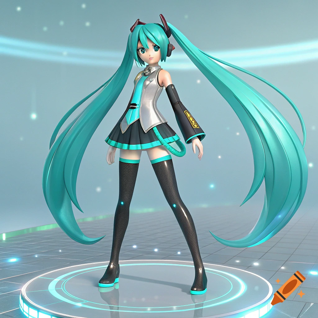 A 3D render of Hatsune Miku standing on a glowing platform. on Craiyon