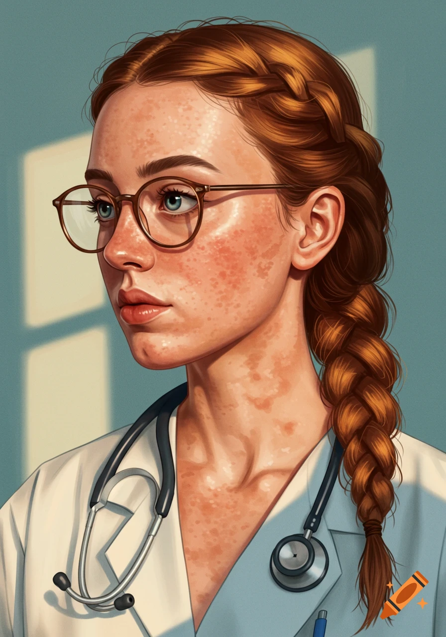 Stylized portrait of a young woman with red hair in a braid, wearing ...