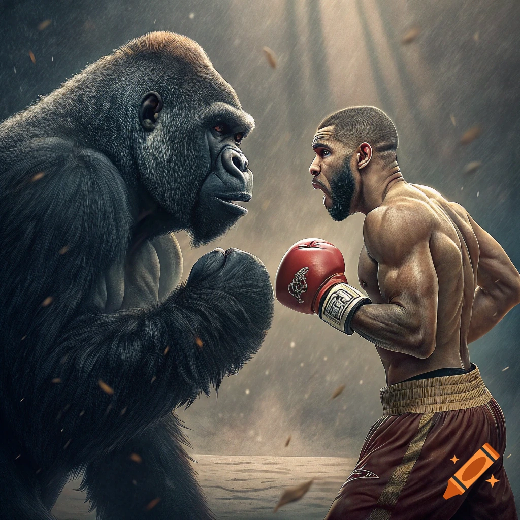 A photorealistic image of a gorilla facing off against a boxer in a ...