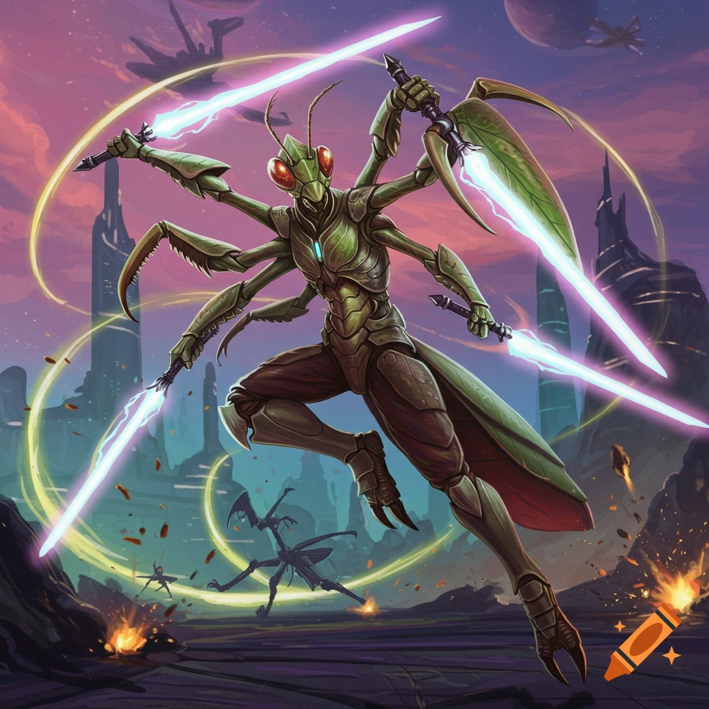 A multi-limbed mantis-like creature with glowing swords leaps in a ...