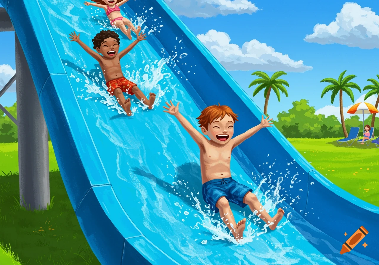 Illustrated image of three kids having fun sliding down a blue water slide at a waterpark. on ...
