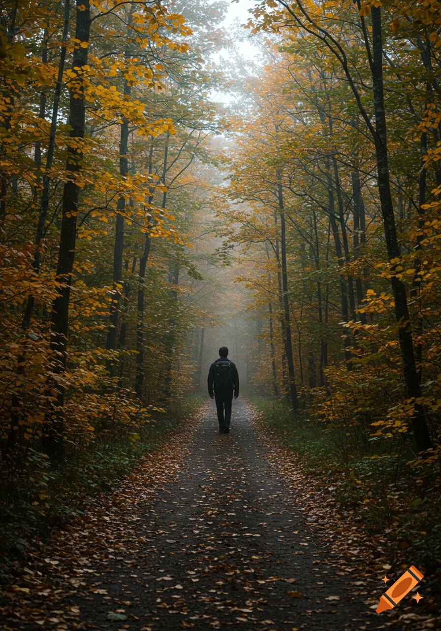 Person walks on autumn forest path into fog on Craiyon
