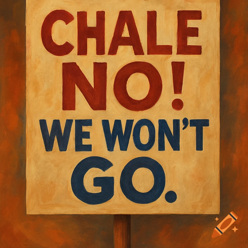 Protest sign with the words 'CHALE NO! WE WON’T GO.' on Craiyon