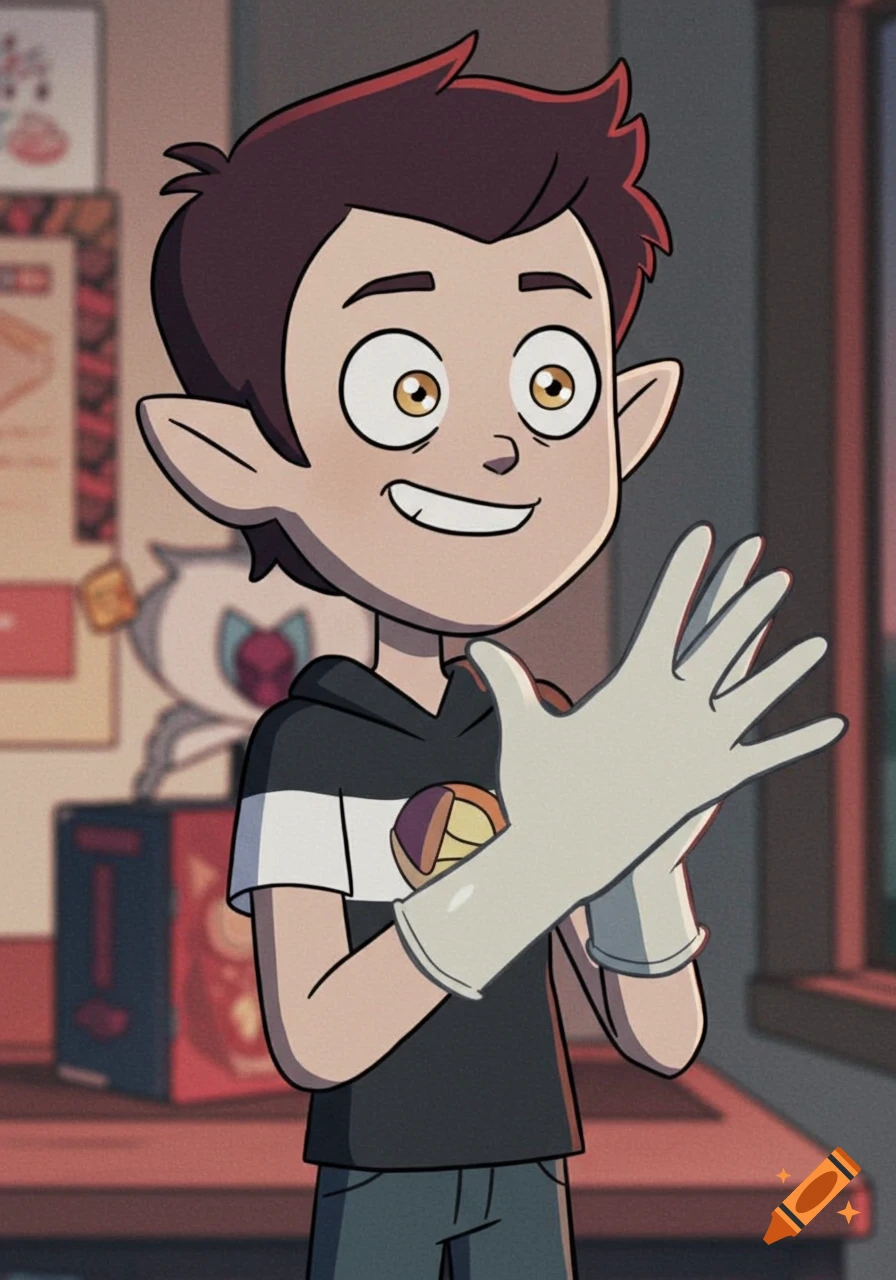 Cartoon character Gus from The Owl House putting on white gloves. on ...