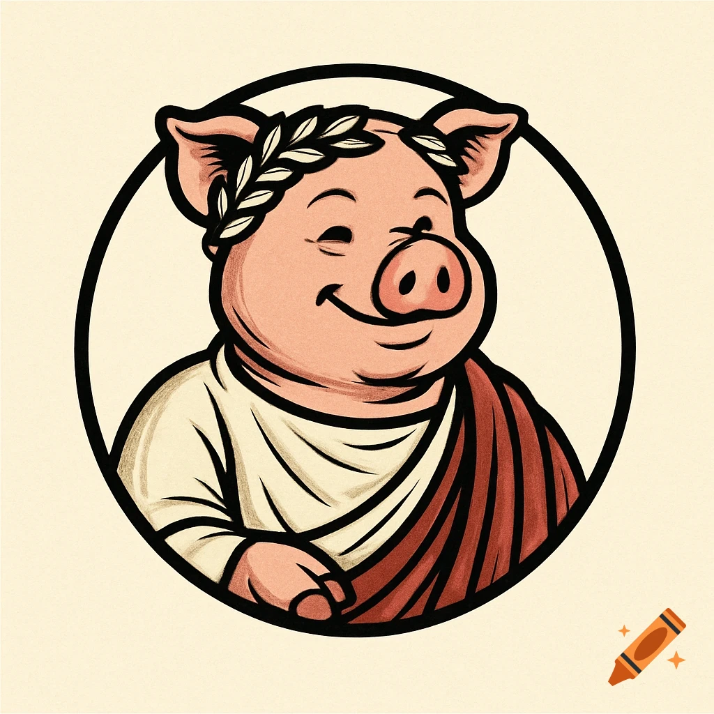 Logo of a cartoon pig dressed as a Roman senator. on Craiyon