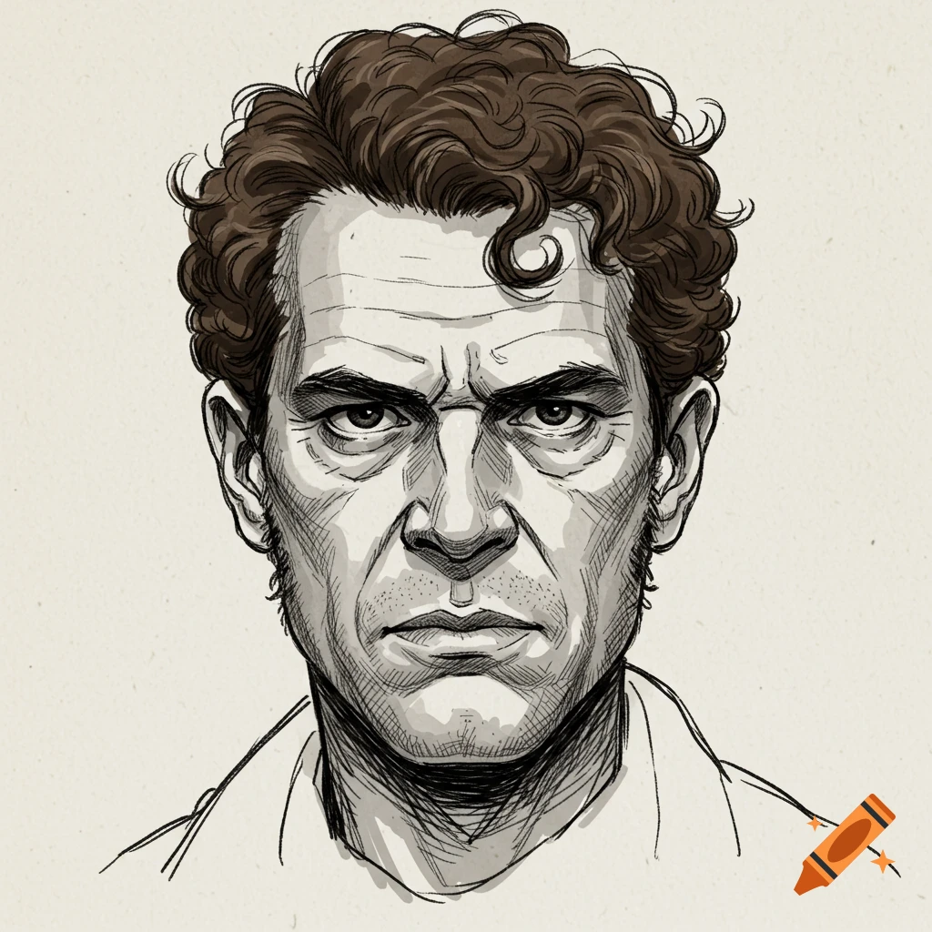 Police sketch illustration of a man's head with curly hair. on Craiyon