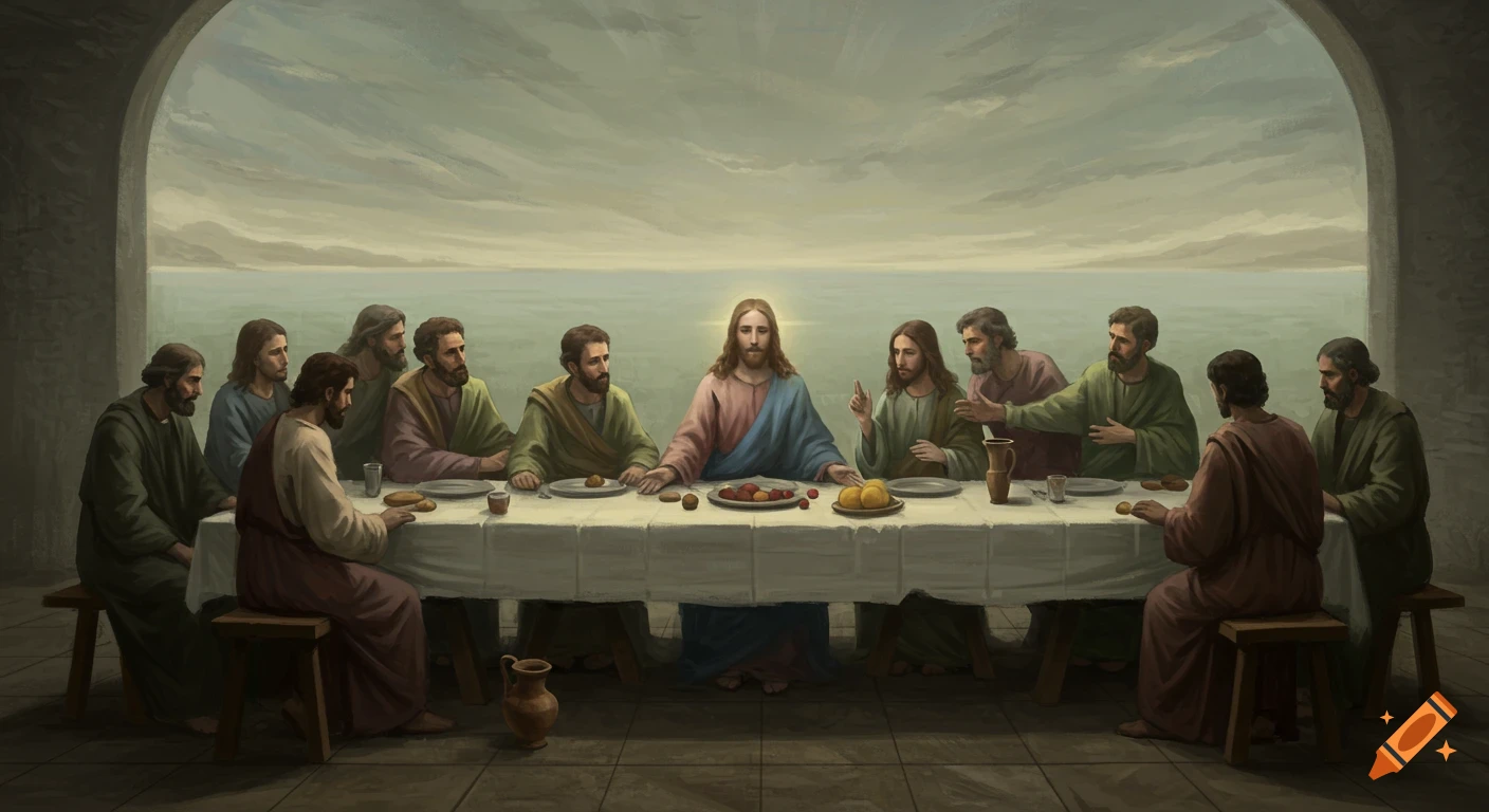 A painting of Jesus and his disciples at a long table. on Craiyon