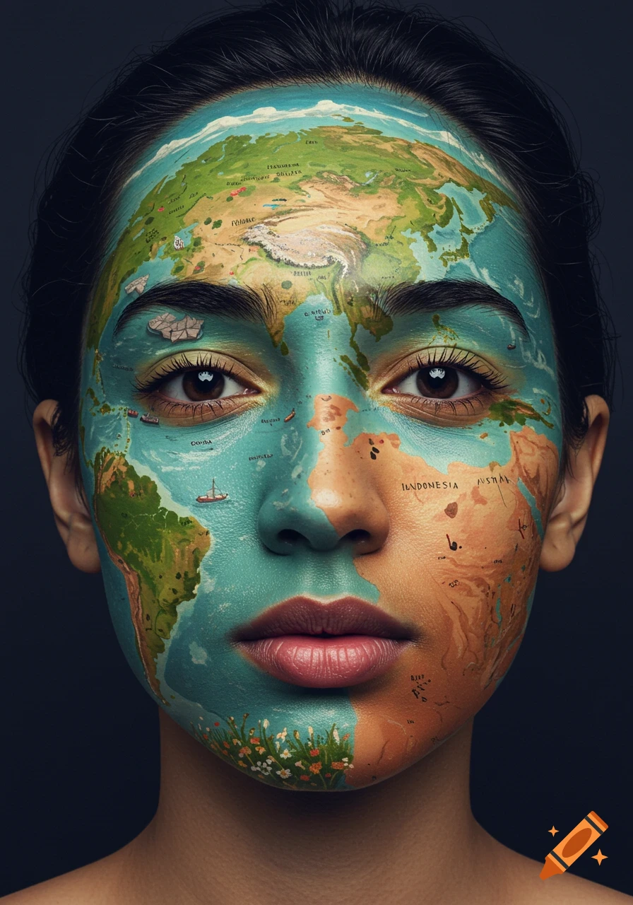 Close-up portrait of a person's face painted with a detailed world map ...