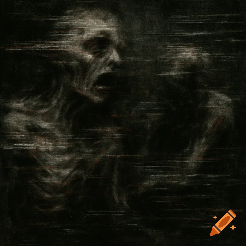A dark, distorted image of two figures with contorted faces, overlaid ...