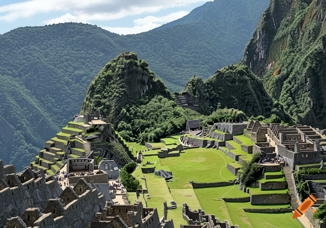 Overview of the ancient Incan city of Machu Picchu high in the Andes ...