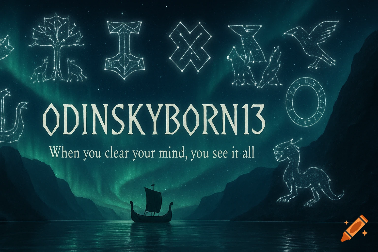 A Norse longship on a fjord beneath an aurora and constellations of ...