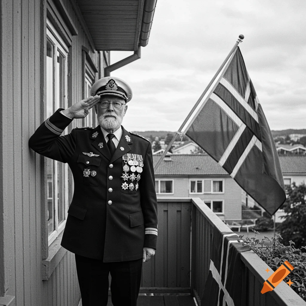 Black and white photo of an old man in a Norwegian veteran uniform saluting on a balcony with a ...
