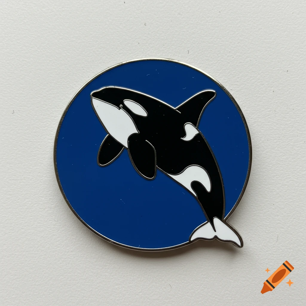 A circular enamel pin depicting a black and white orca on a blue ...