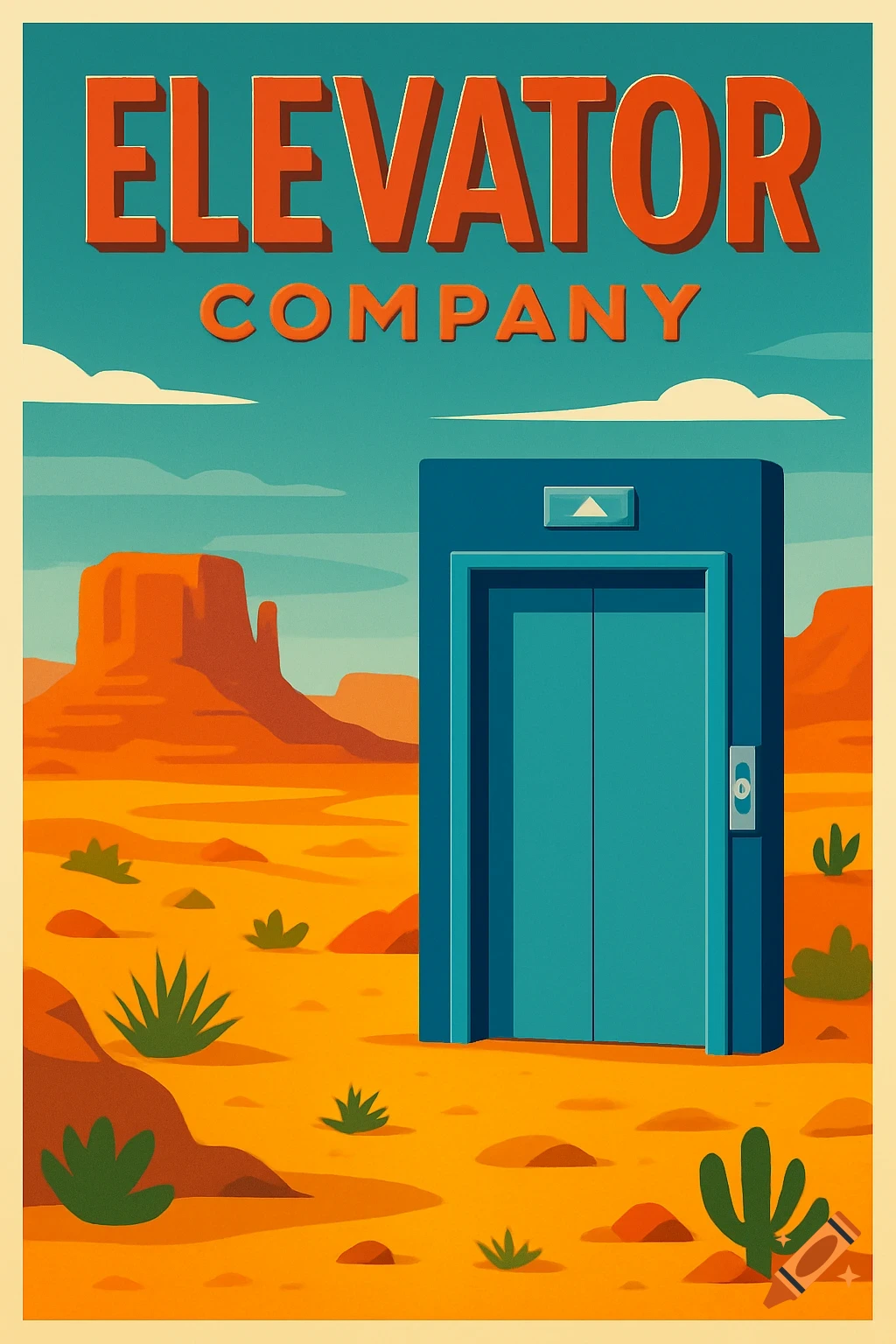 Retro style poster illustration of an elevator in a desert landscape ...