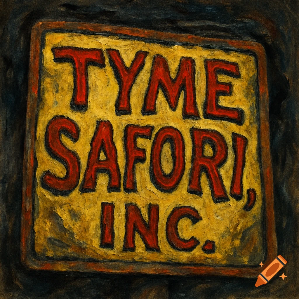 Painterly sign with red text on yellow reading TYME SAFORI, INC. on Craiyon