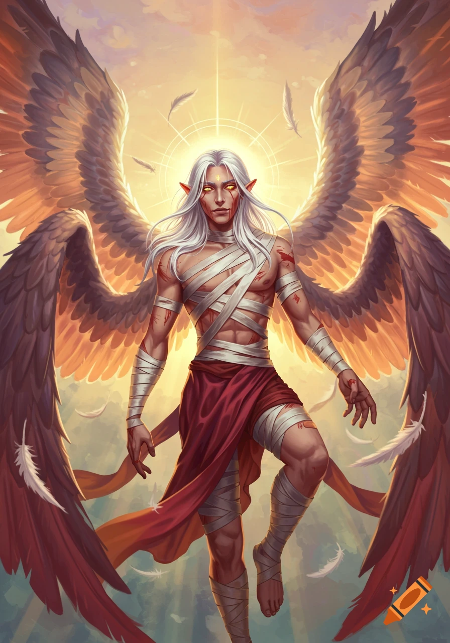 Fantasy illustration of an injured male angel with white hair, bandages ...