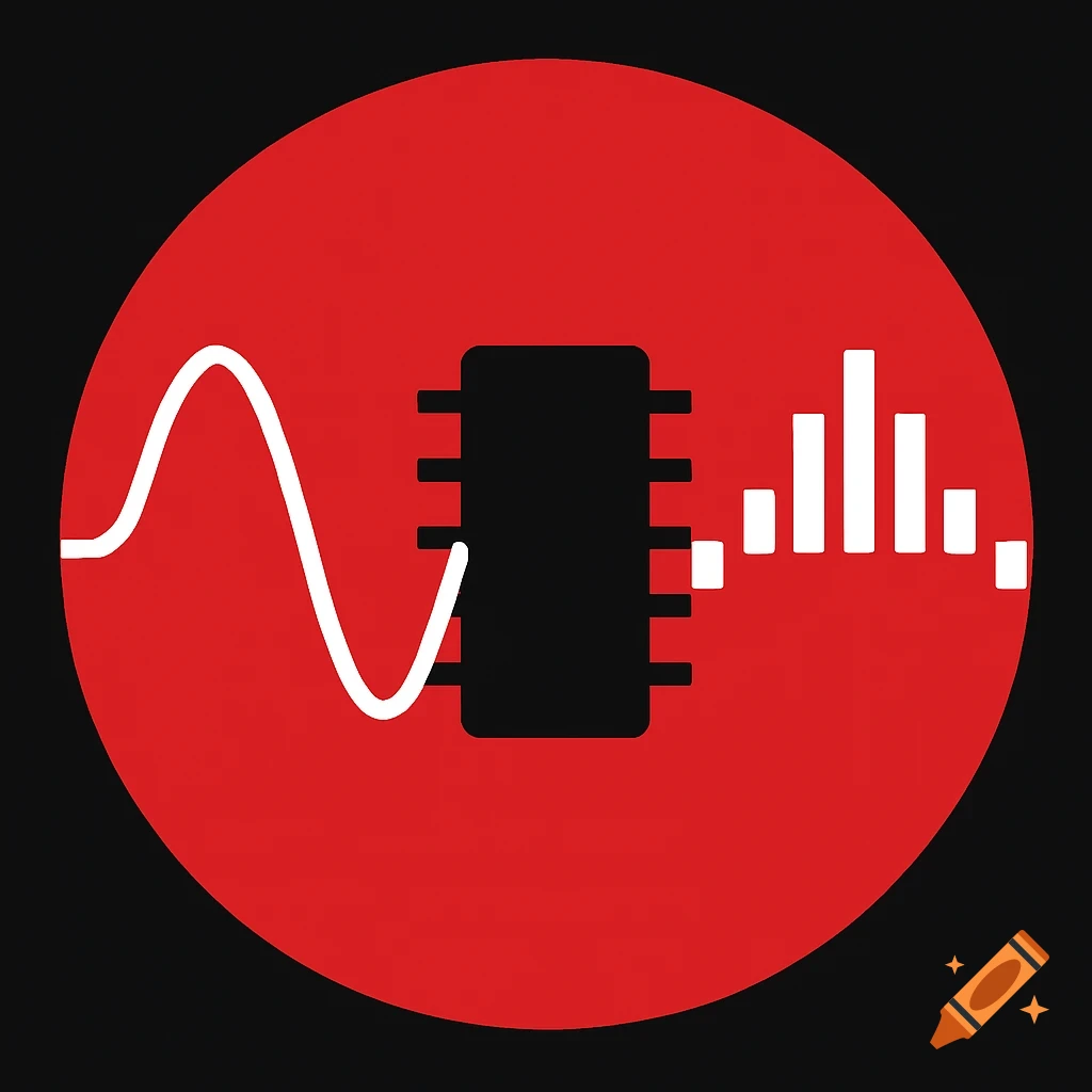 Icon with a white sine wave, black integrated circuit, and white bar ...
