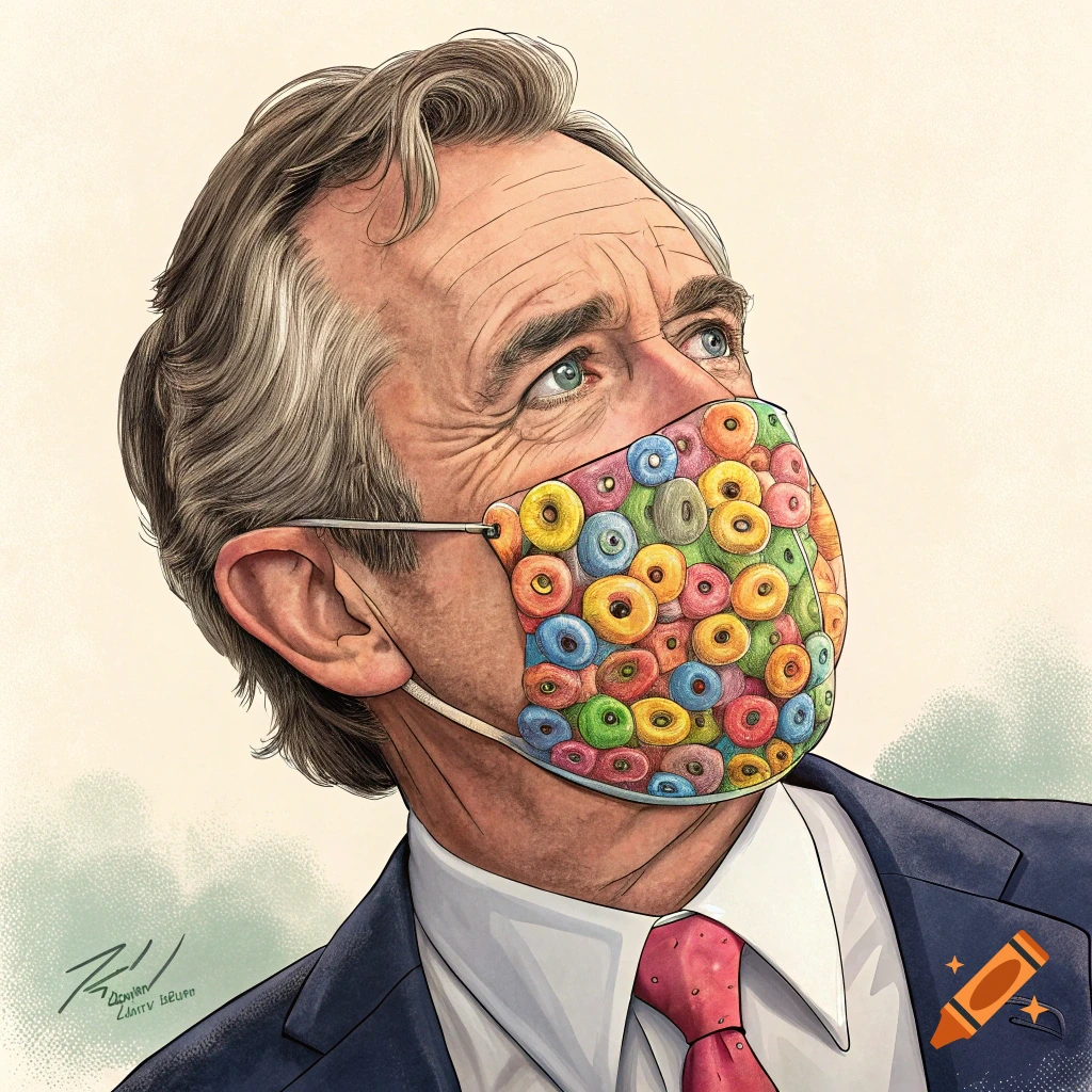 Illustration of a man resembling RFK Jr. wearing a colorful fruit loop ...